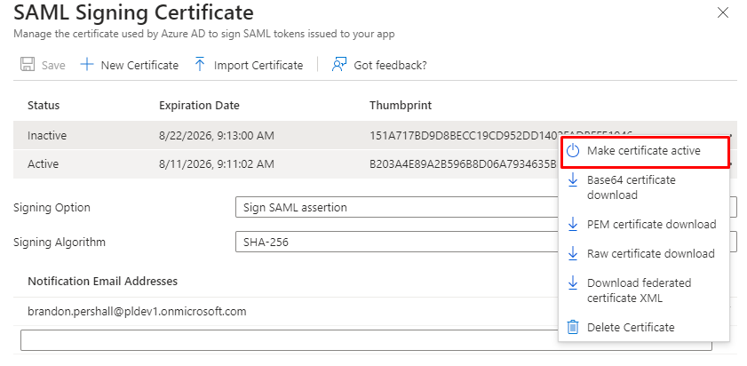 How To Create and Apply a New Azure SAML Certificate