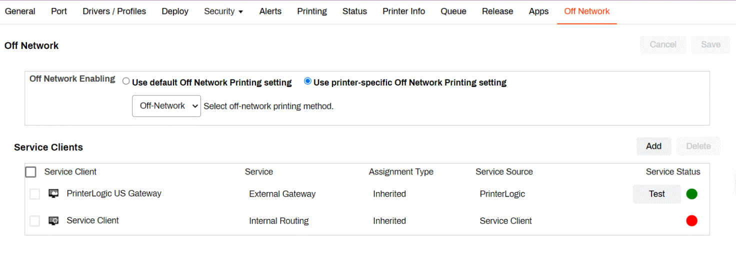 Setting up Off Network Printing and the circle for the Service Client ...