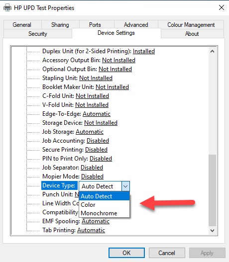 Printing to HP printer using universal driver gives pop-up